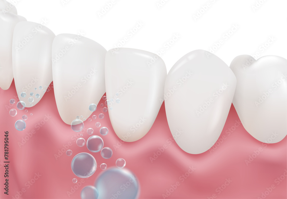 Healthy teeth and gums with fluoride bubbles. Makes the mouth and teeth ...