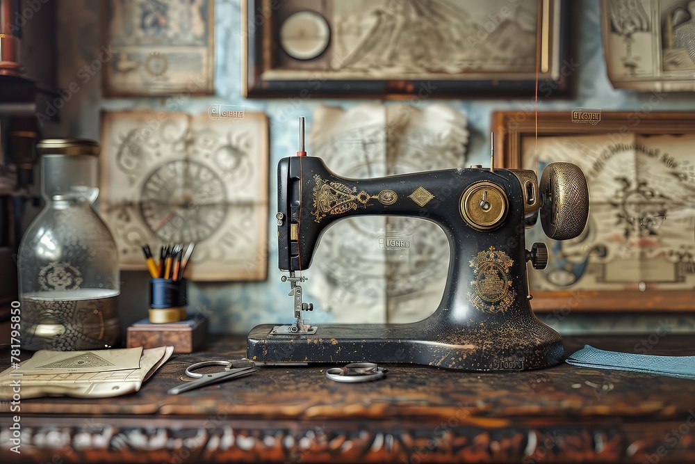 Tailor's retro workshop with an old sewing machine. A glimpse into the ...