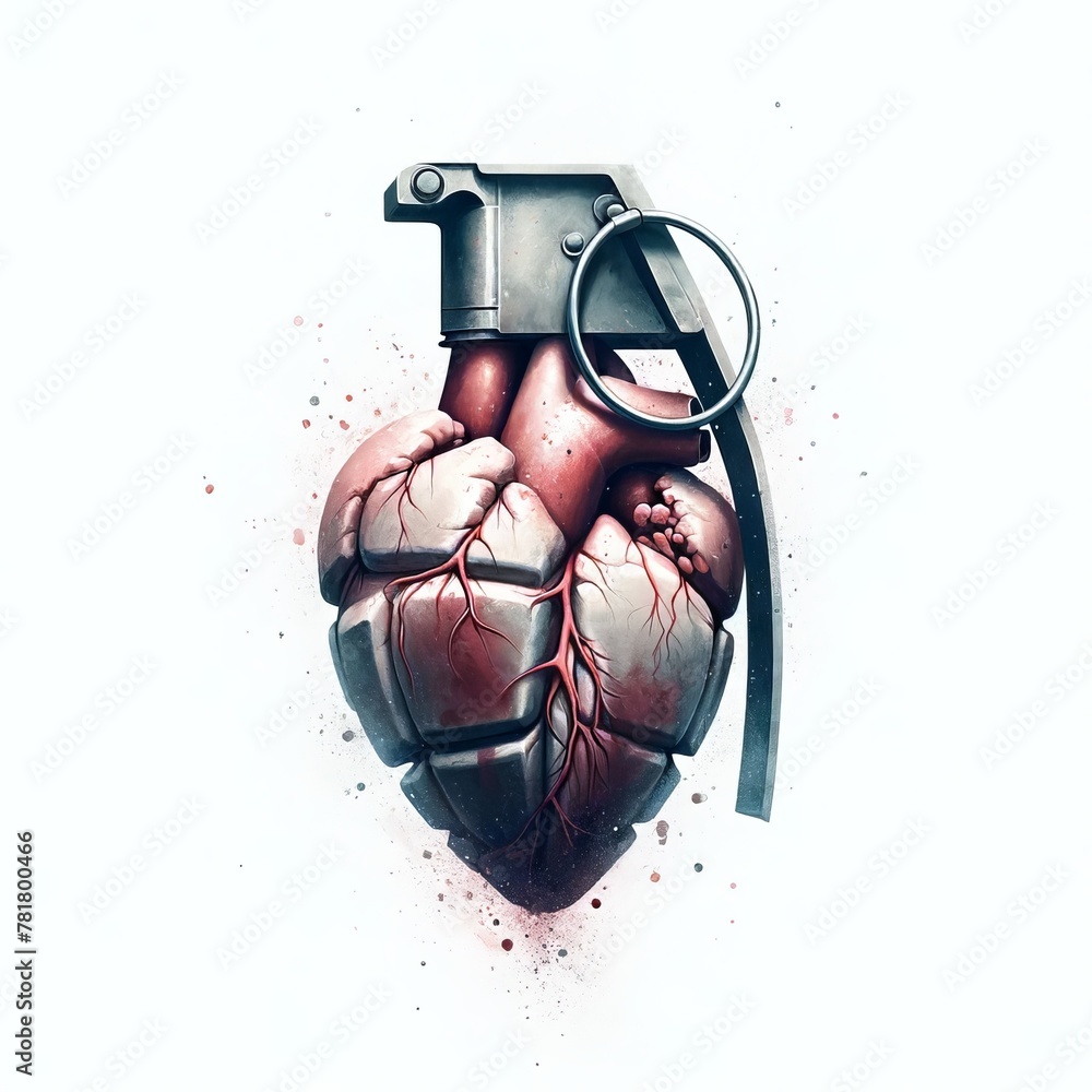 Symbolic portrayal of a human heart as an exploded grenade, a powerful ...