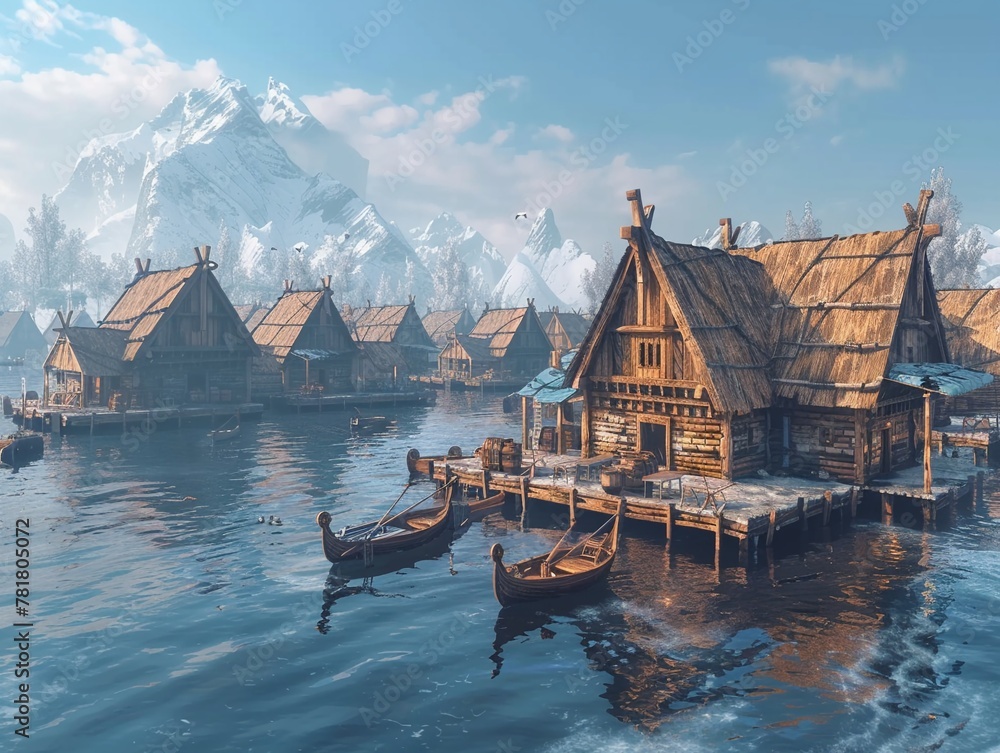 Neo-Viking Haven A water-bound village with solar-sail longships and ...