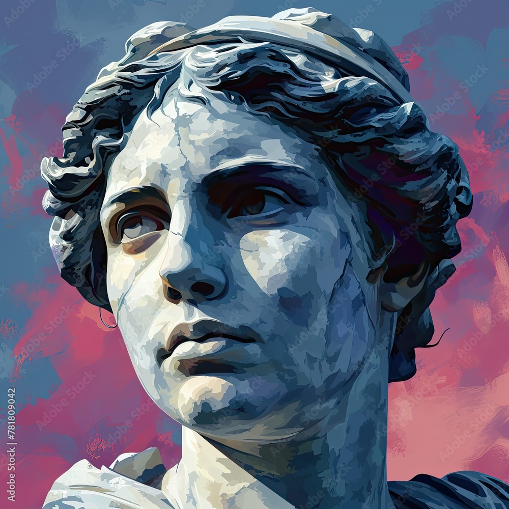 a head sculpture on a purple, blue and pink background, in the style of ...