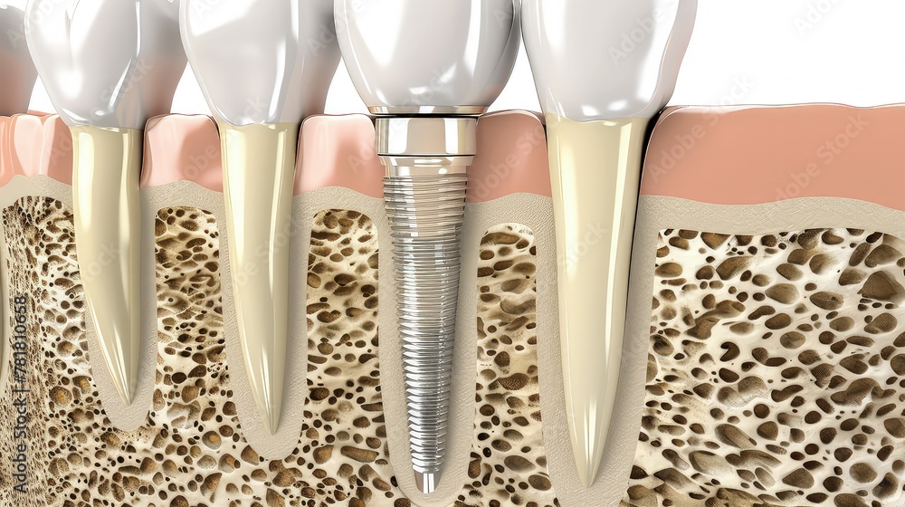 Computer model of a dental implant in the jaw bone. A virtual ...