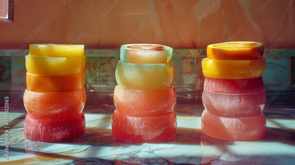 A collection of fruit juices aligned vertically on a marble countertop ...