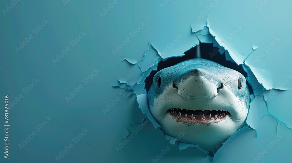 Cute shark peeking through a hole in a blue paper wall with copy space ...