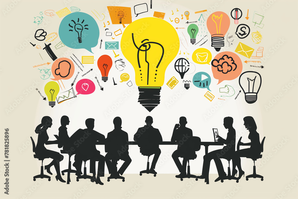Brainstorming Session with Lightbulb Ideas - Silhouetted professionals ...