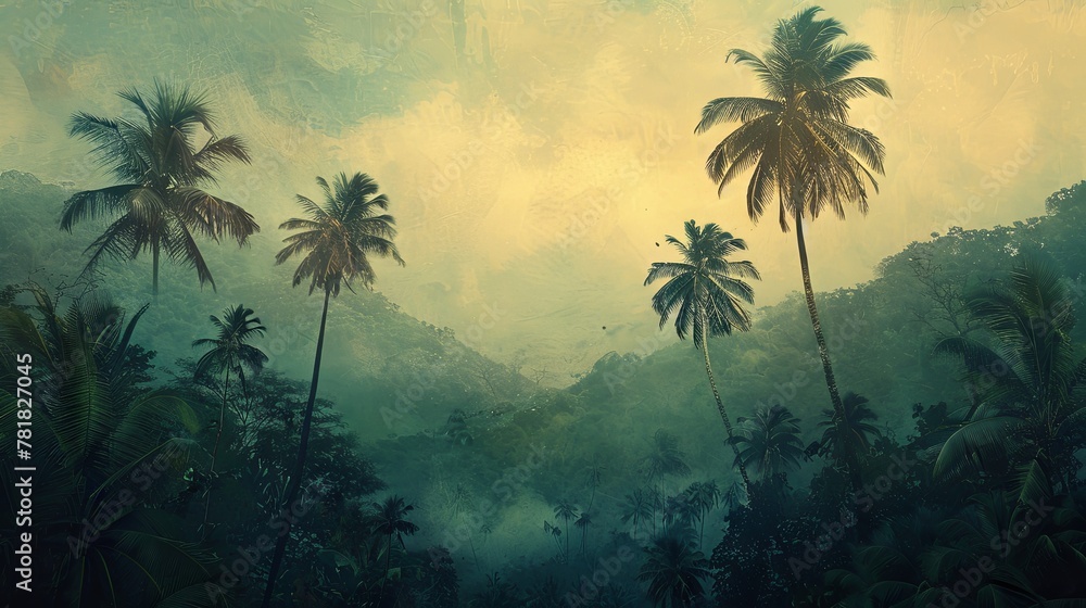 Serenity of nature captured in muted tones, with tropical trees ...