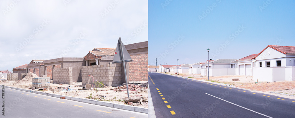Community development, before and after of houses in small town for ...