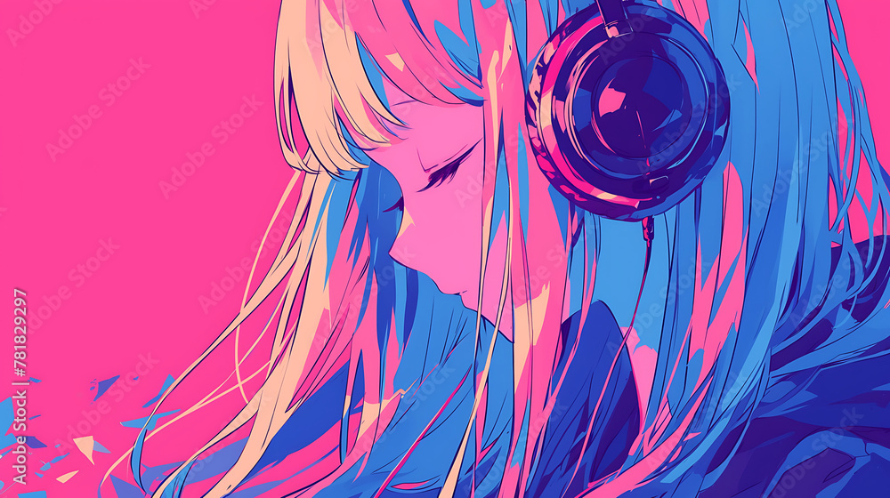 Cool Anime girl listening lofi music with headphones background ...