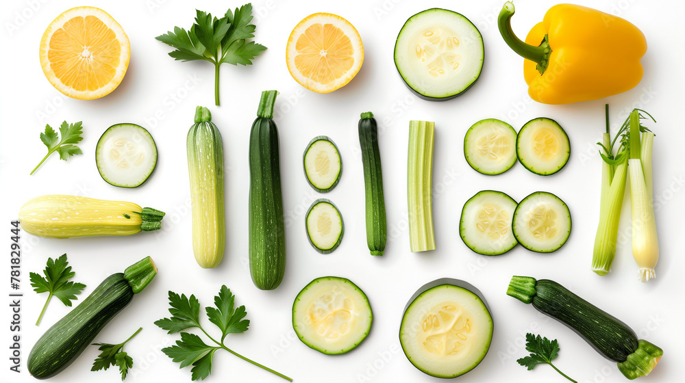 Top view of a fresh zucchini assortment isolated on white. A clean and ...