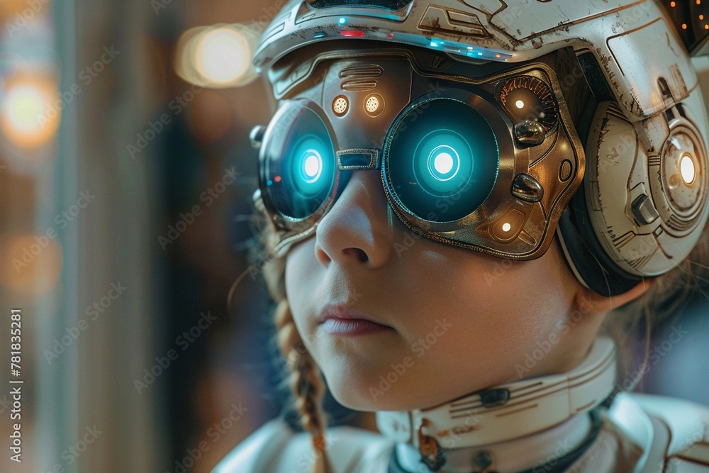 A close-up portrait of a young child in a futuristic helmet, with ...