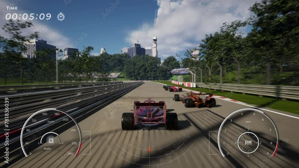 Launching the modern virtual sport Car race simulator. Overtaking the ...