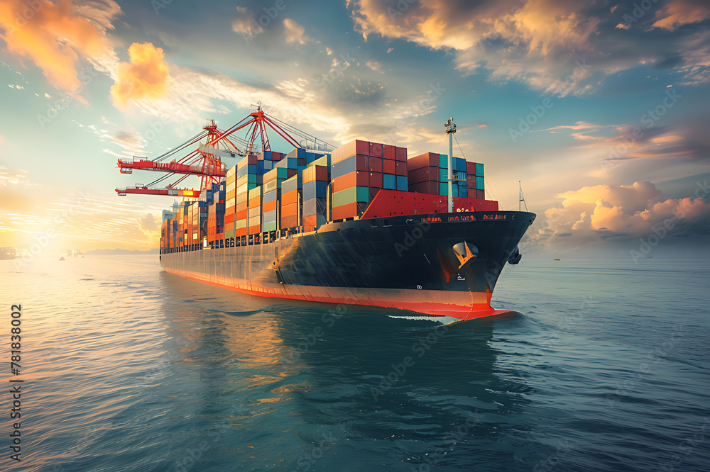 Container ship carrying container boxes import export dock with quay ...