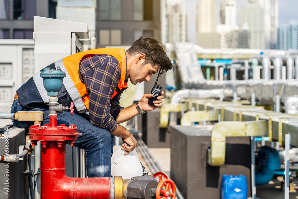 Male technical foreman inspection maintenance in safety uniform tired ...