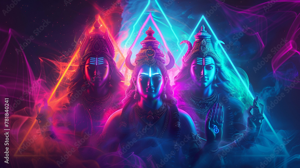 Brahma Vishnu And Shiva Facing Outward Triangle Formation Modern Picture With Neon Colors And