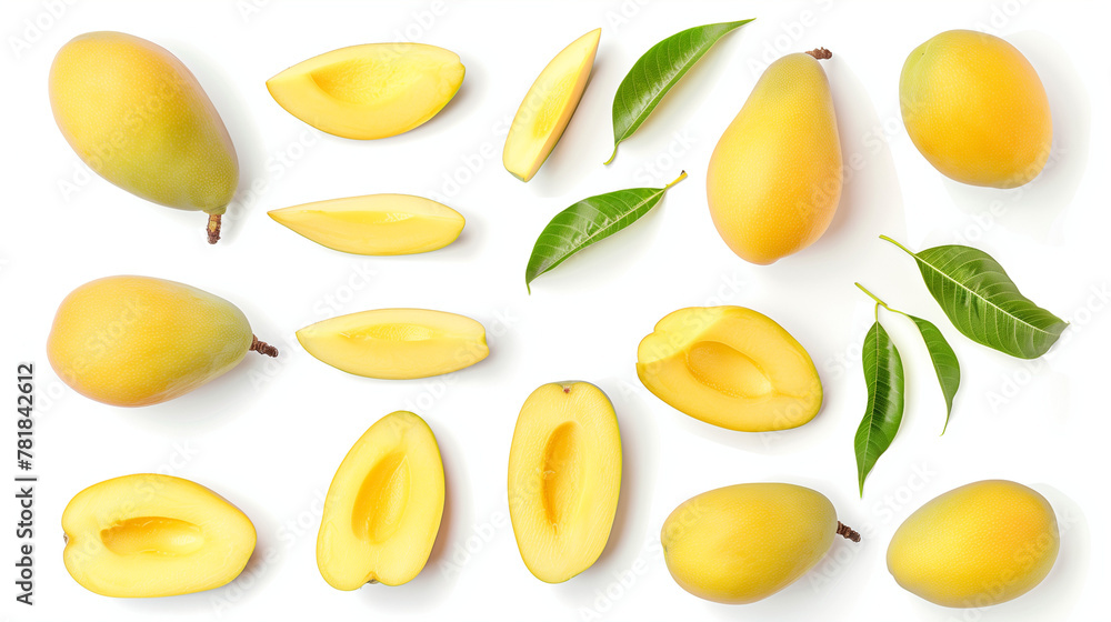 Top view of fresh mangoes isolated on a white background, showcasing ...