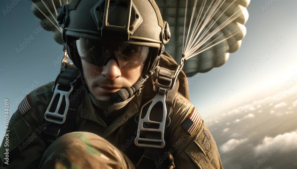 Military parachutist smoothly descending with a fully open parachute ...