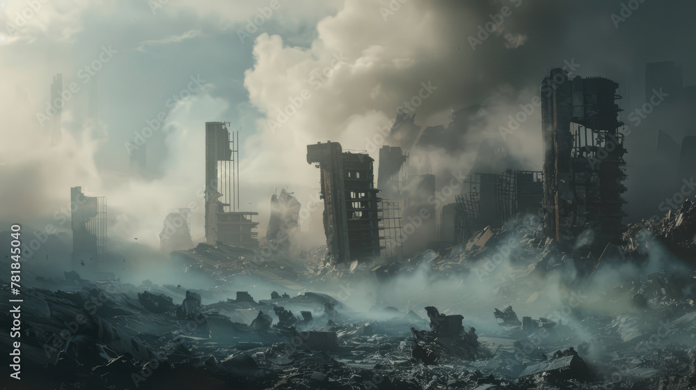 Concept art of the silent aftermath of a tech explosion, with remnants ...