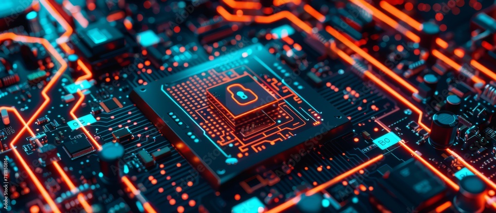 High-detail motherboard circuits with a digital lock overlay ...