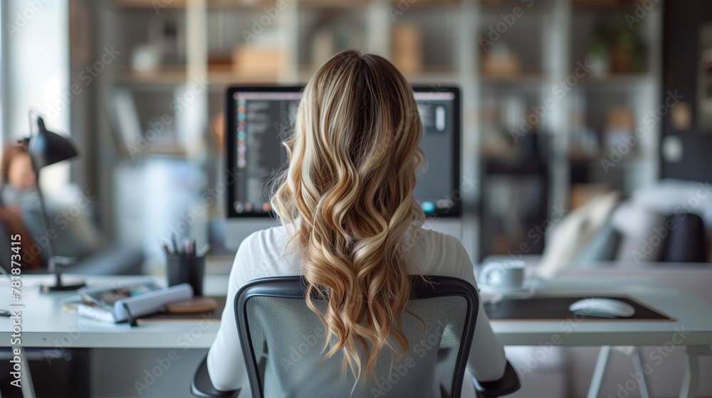 Woman Working on a PC in a Minimalist Office, Viewed from Behind ...