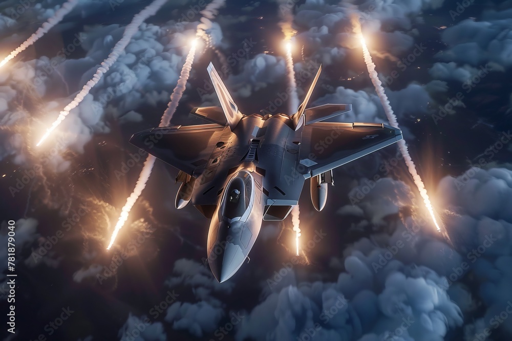 A modern fighter jet with afterburners and missile trails flying high ...