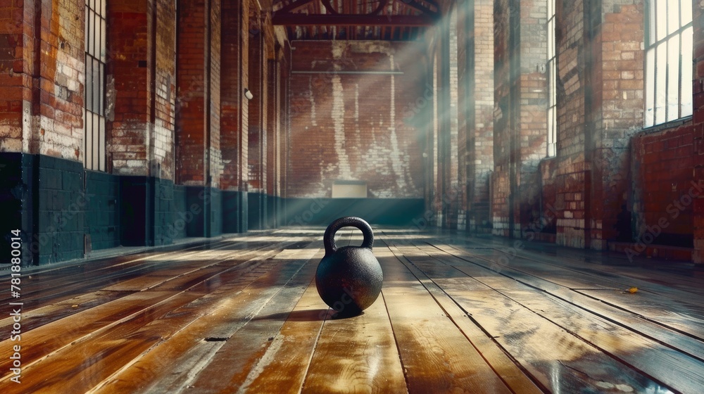 A single kettlebell sits in the center of a large, empty room with ...