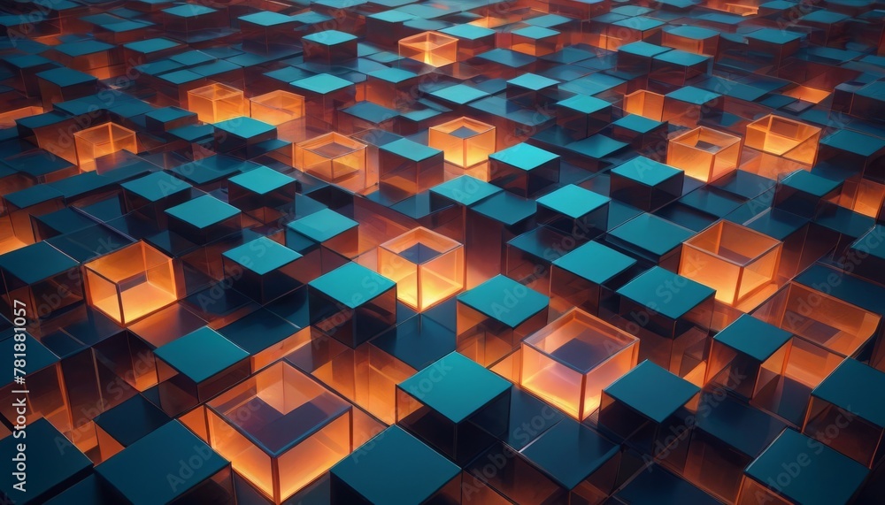 3D rendered cubes glow with an inner light, casting a pattern of ...