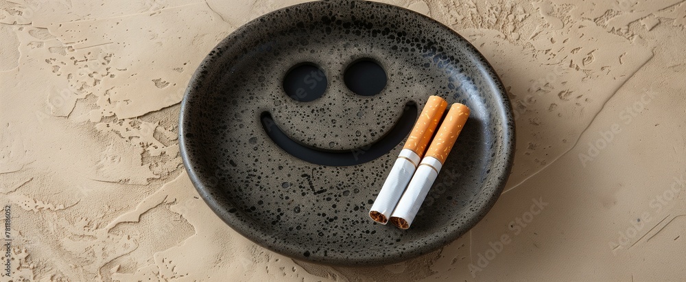 a smiley face made of cigarette smoke on an ashtray with two cigarettes ...