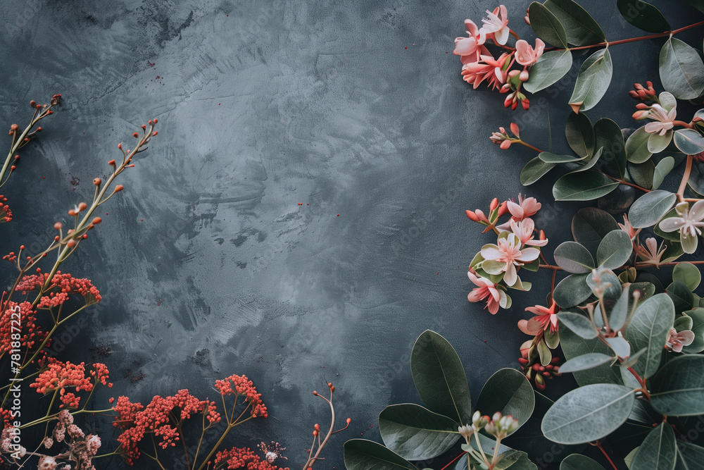 Slide Background with colorful leaves and flowers framing on a grey ...