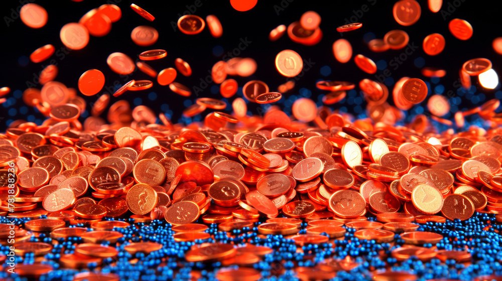 A pile of red and blue pennies are scattered on a blue surface. Concept ...