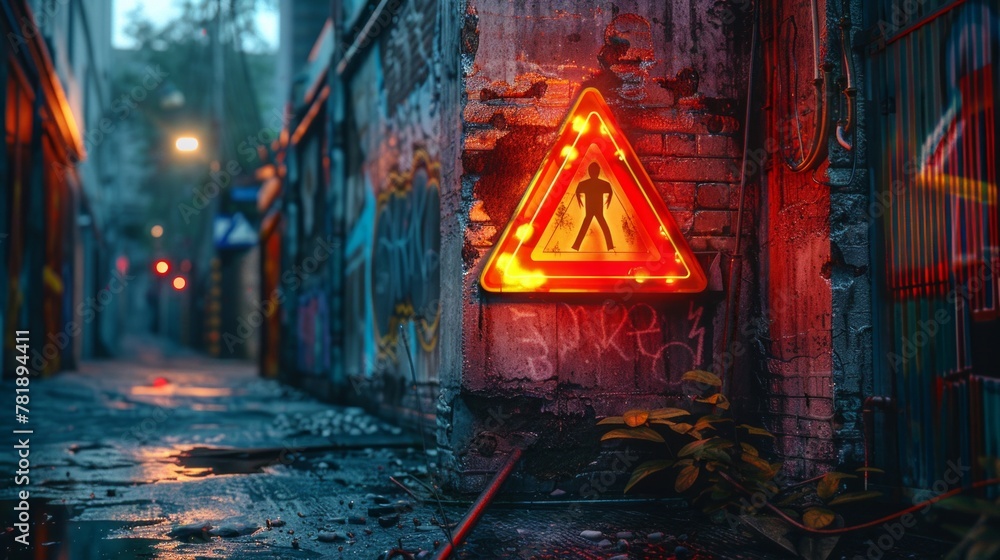 Red neon hazard warning attention sign with exclamation mark symbol ...