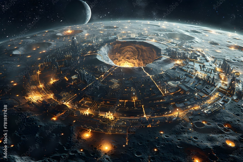 Lunar Metropolis: Futuristic Moon Colony Under Starlit Sky. Concept ...