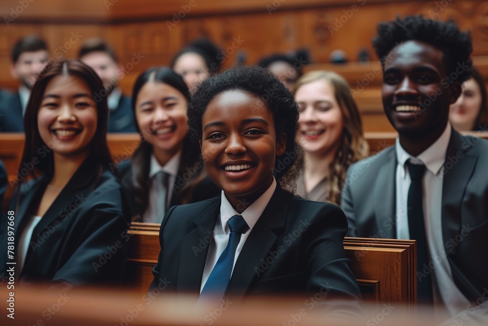 A group of young lawyers from diverse ethnicities wearing suits in a ...