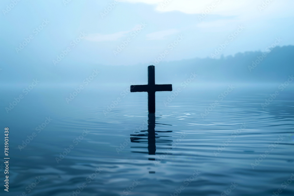 Christ with cross in water submerged in a blue lake. Generative AI ...