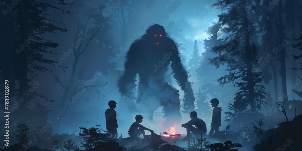 Young school boys telling scary campfire stories with a bigfoot ...