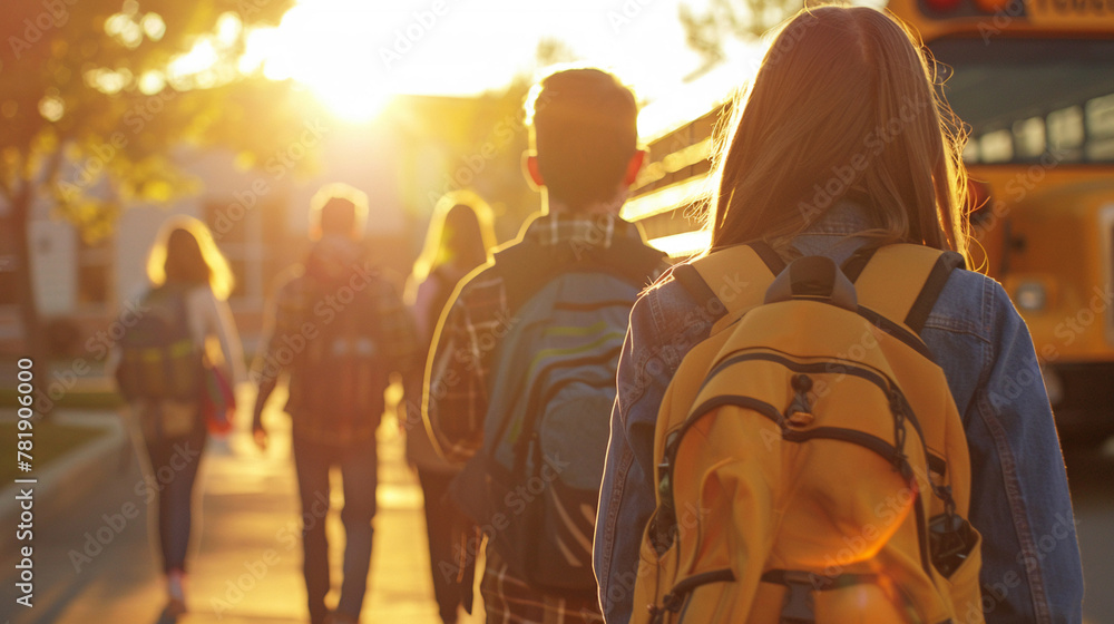 Morning routine captured from behind Students heading to high school ...