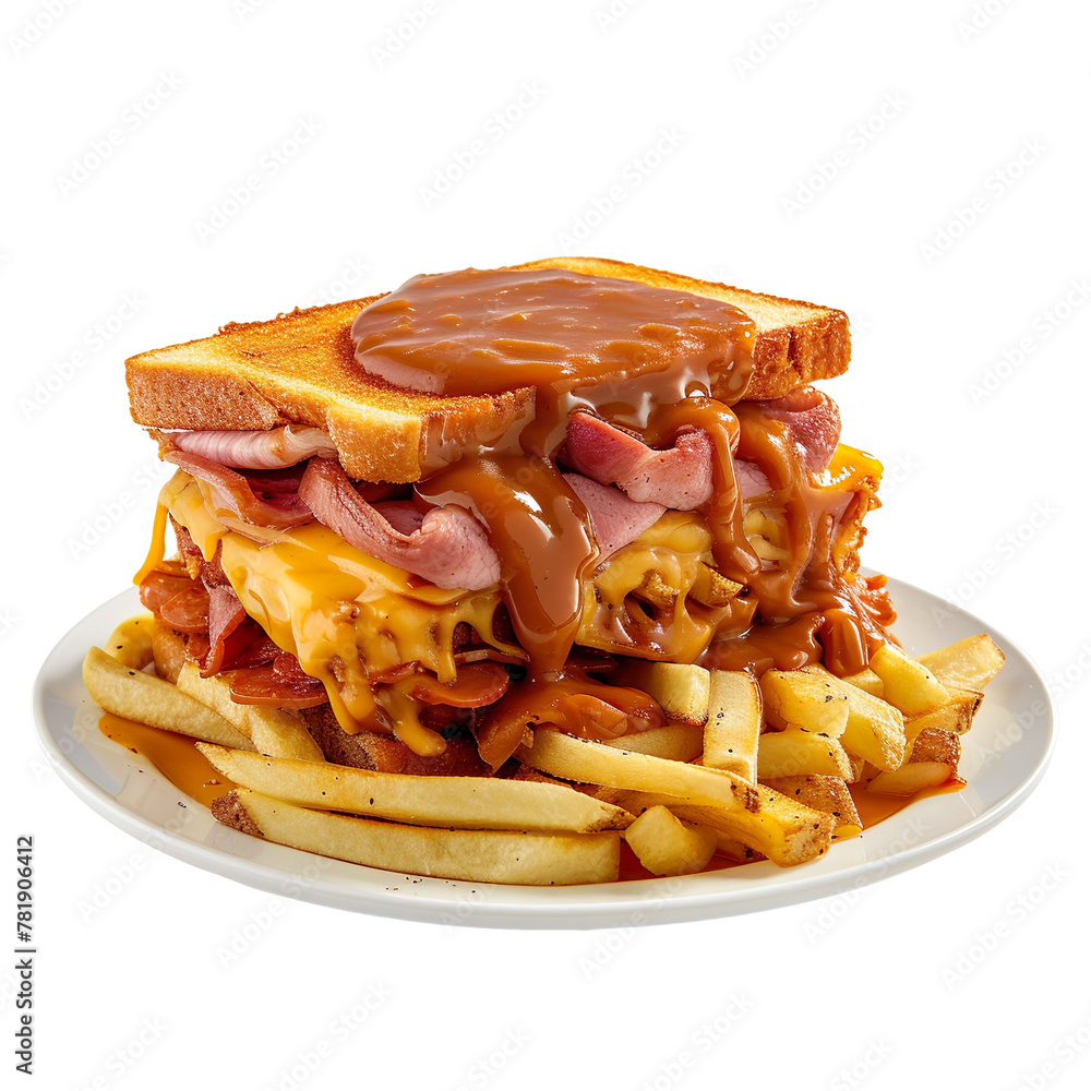 front view of Francesinha à Moda do Porto with Portuguese spicy ...