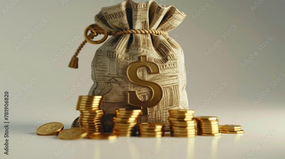 A coarse-textured bag emblazoned with a dollar sign sits upright ...