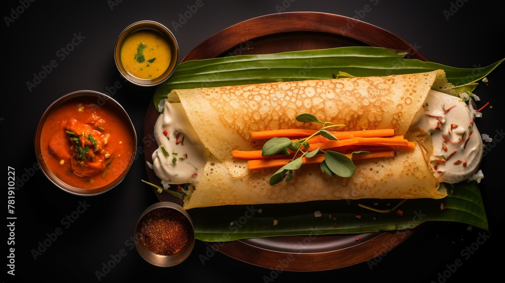wide top view background photo, delicious masala dosa and curries on a ...