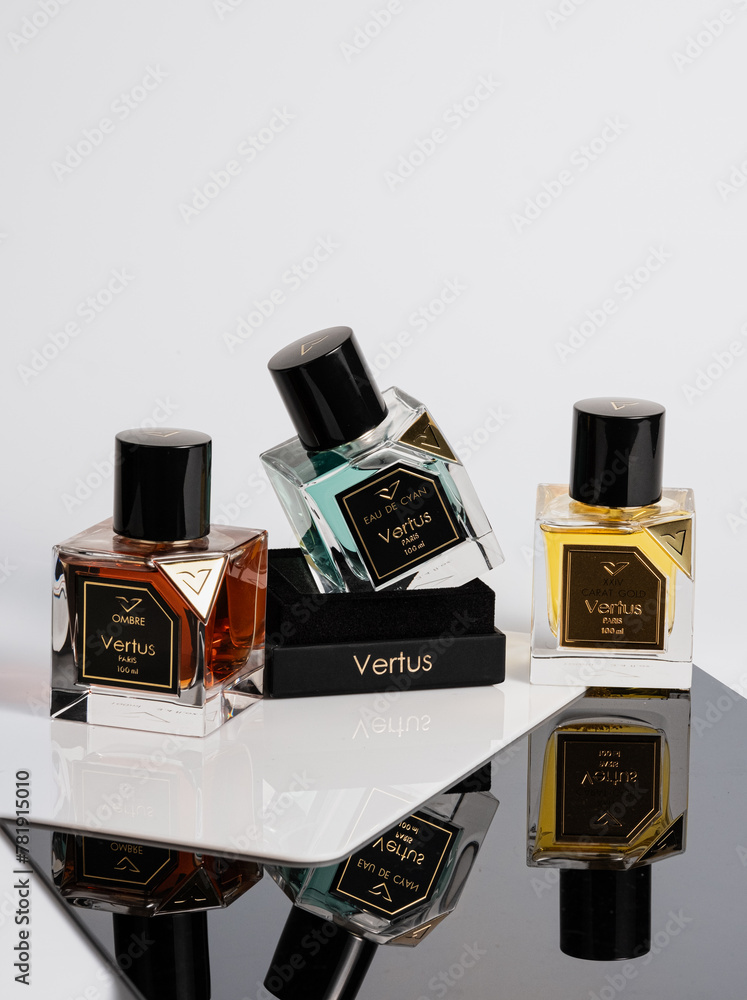 Kiev Ukraine 11 April 2024: Vertus eau de cyan , ombre , gold luxury ...