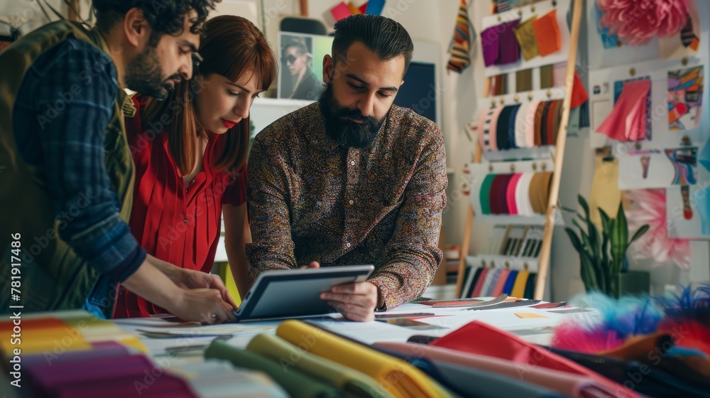 A fashion designer sketching new designs on a digital tablet ...