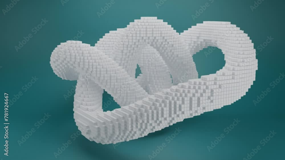 Loop 3d animation. An abstract torus, a node, made of many cubes of pixels. A geometric shape ...