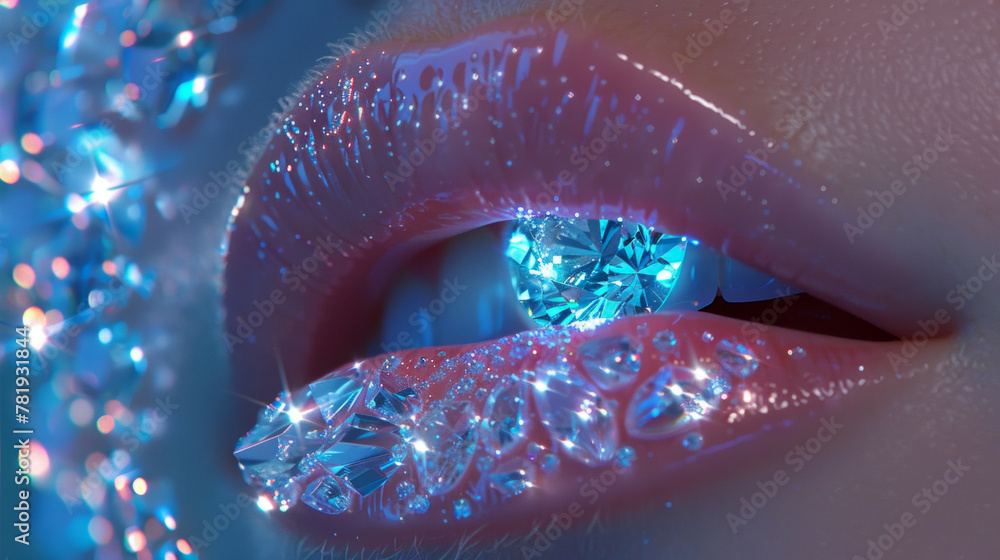 A woman's lips are covered in diamonds and glitter. The diamonds are ...