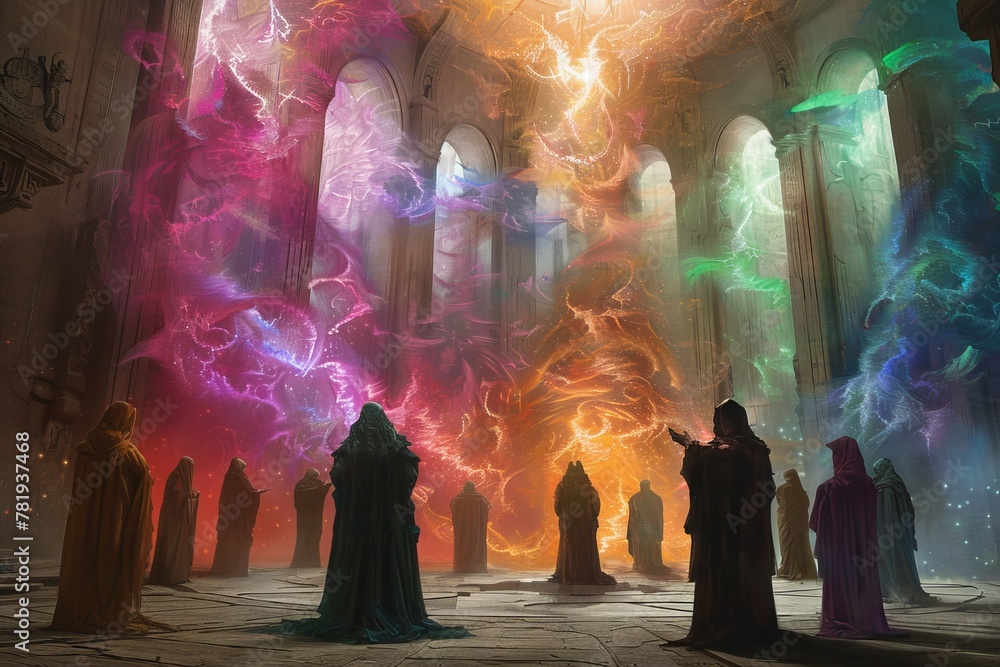 A council of wise aliens, resembling mythical gods, debating in a hall ...