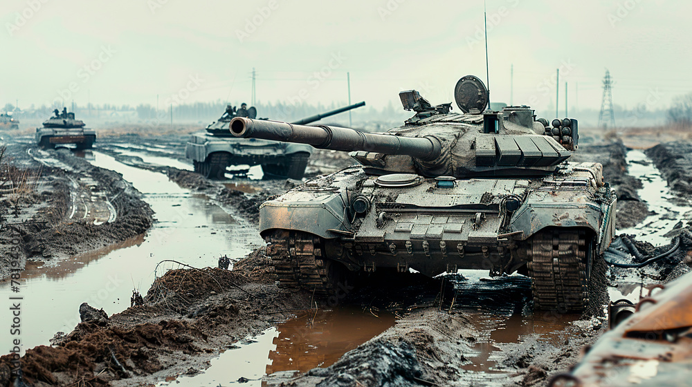 Military Tanks on a Muddy Field During a Tactical Training Exercise ...