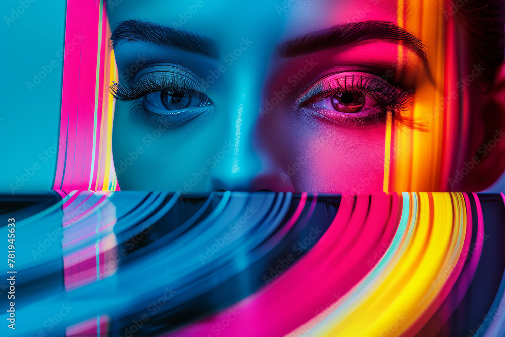 A woman's face is reflected in a colorful background. The colors are ...
