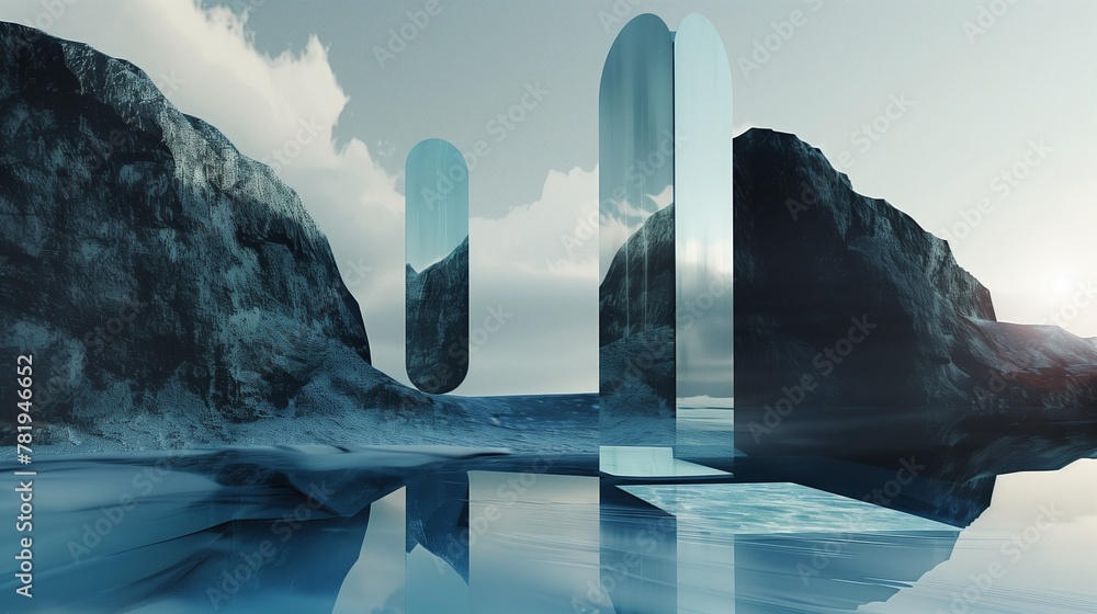 Surreal landscape featuring reflective glossy water surfaces and mirror ...