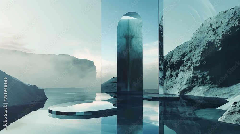 Surreal landscape featuring reflective glossy water surfaces and mirror ...