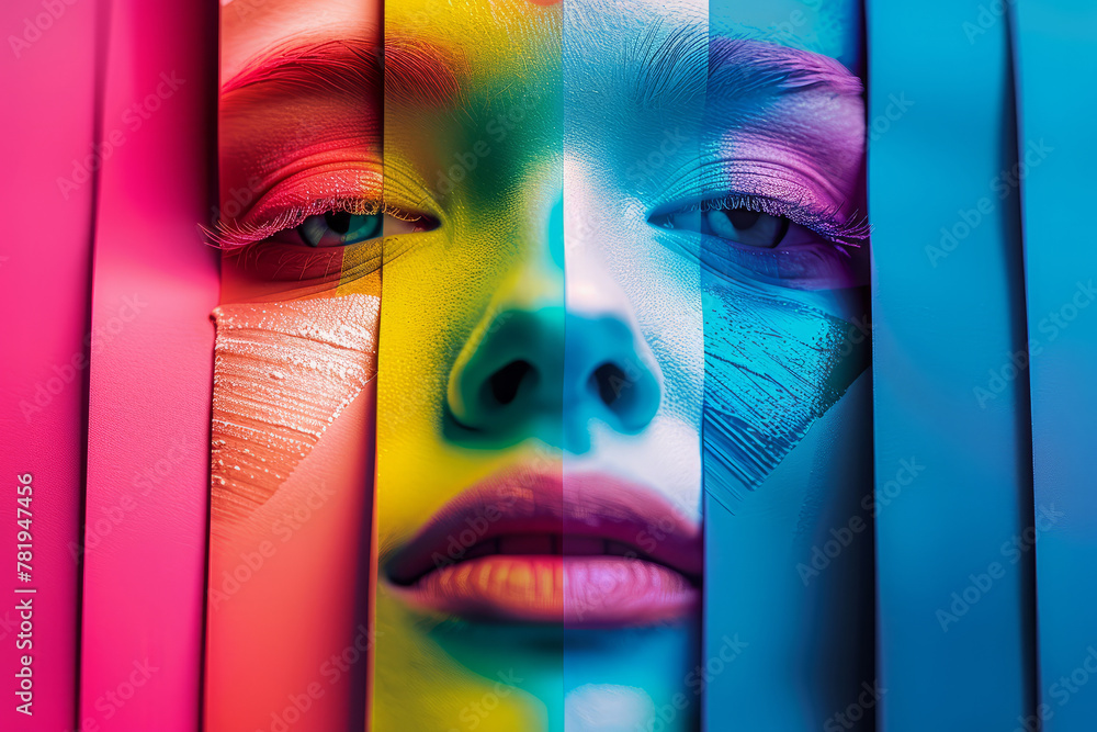A woman's face is reflected in a colorful background. The colors are ...