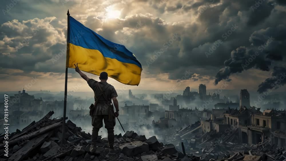 Soldier stands atop rubble, waving a large Ukrainian flag as the sun ...