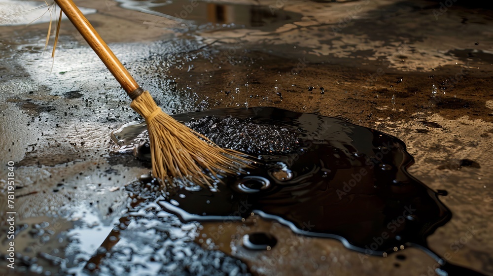 An oil spill in a home garage is cleaned up using water and a straw ...